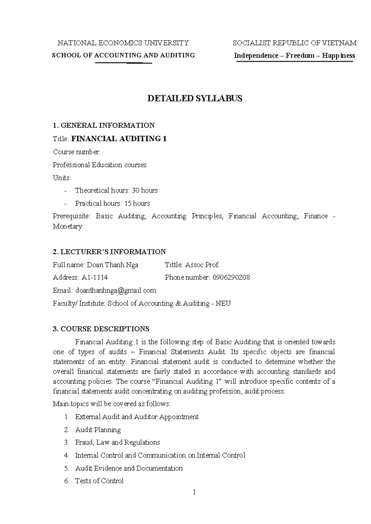 Syllabus KTKI1108E: Financial Auditing 1 - Detailed Course Outline ...