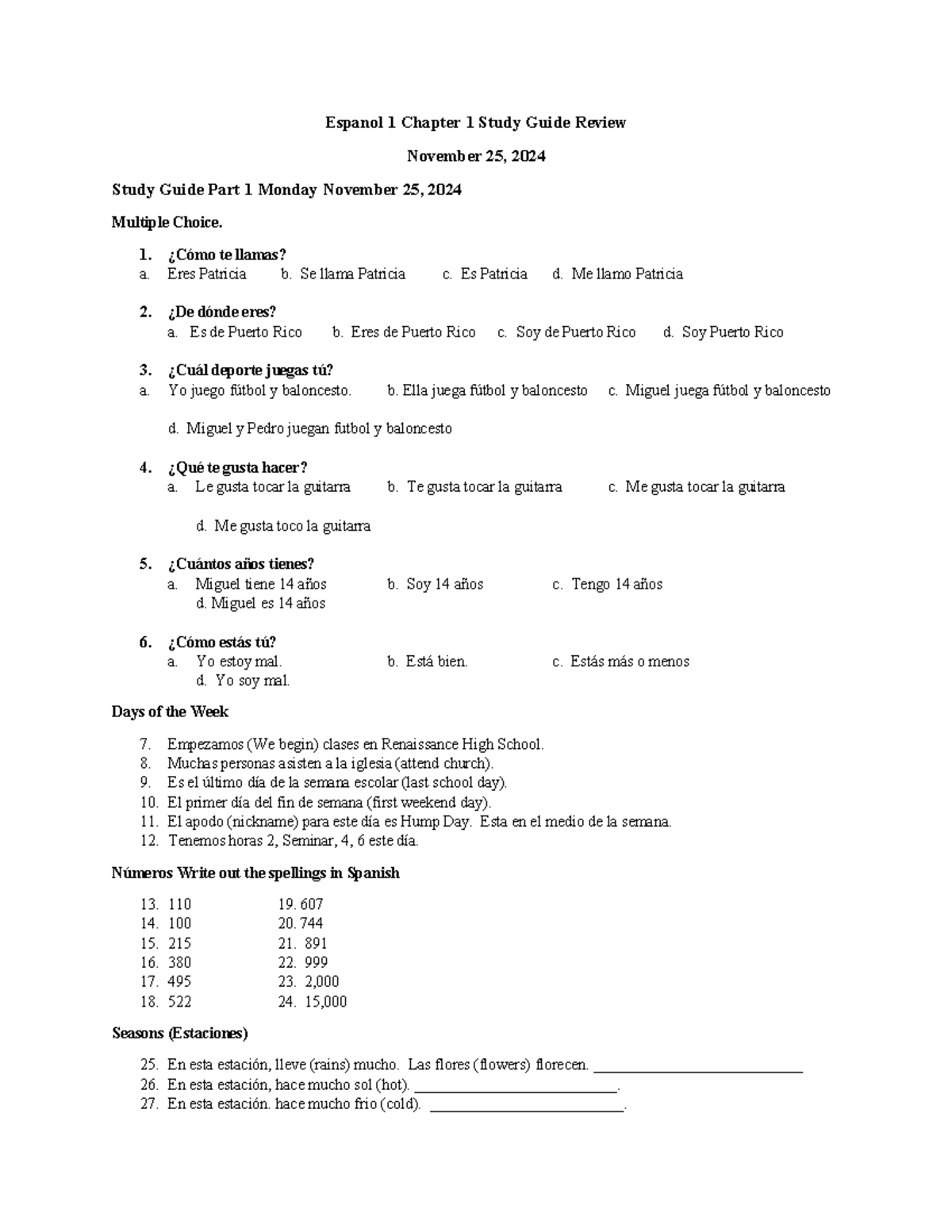 Spanish 1 Chapter 1 Vocabulary & Conjugation Study Guide - Studocu