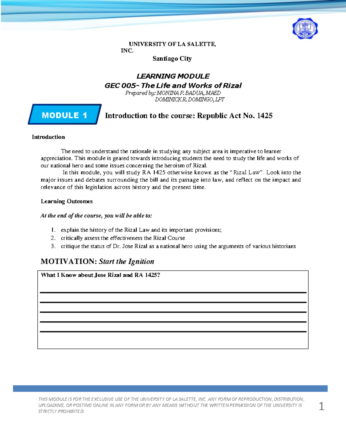 GEC-005- Module-1 - THIS IS A SAMPLE MODULE - ####### THIS MODULE IS FOR THE EXCLUSIVE USE OF ...