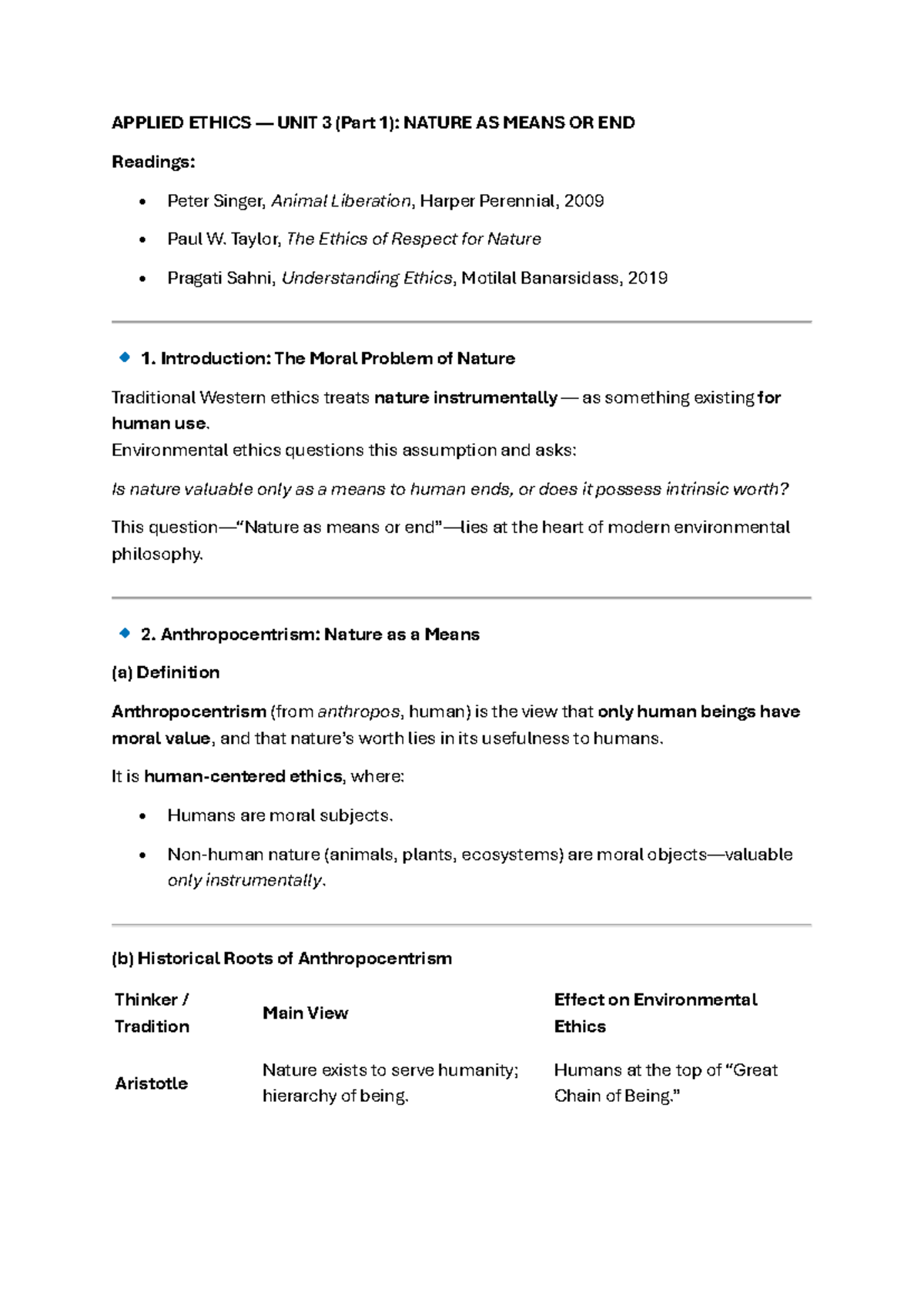 APPLIED ETHICS UNIT 3: NATURE AS MEANS OR END - Key Concepts and ...