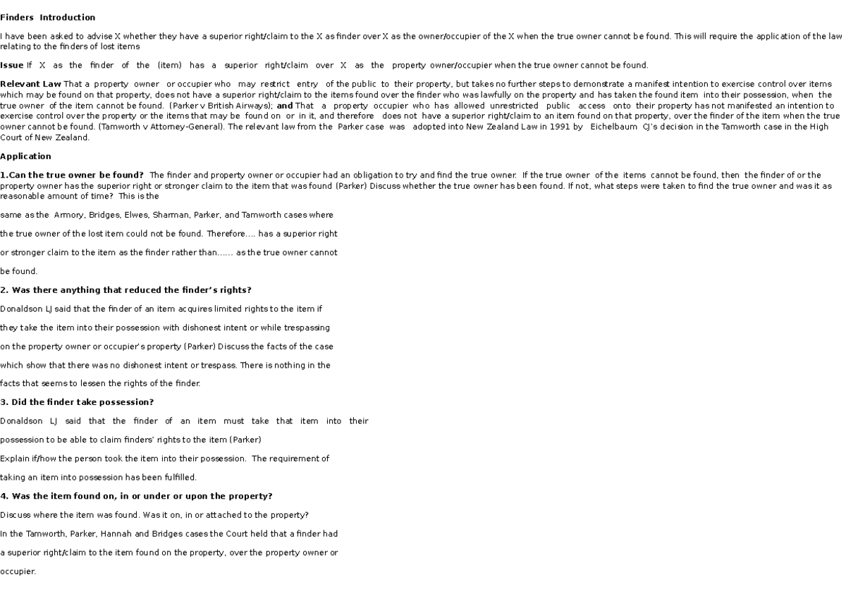 IRAC Method: Analyzing Finder's Rights in Property Law - Studocu