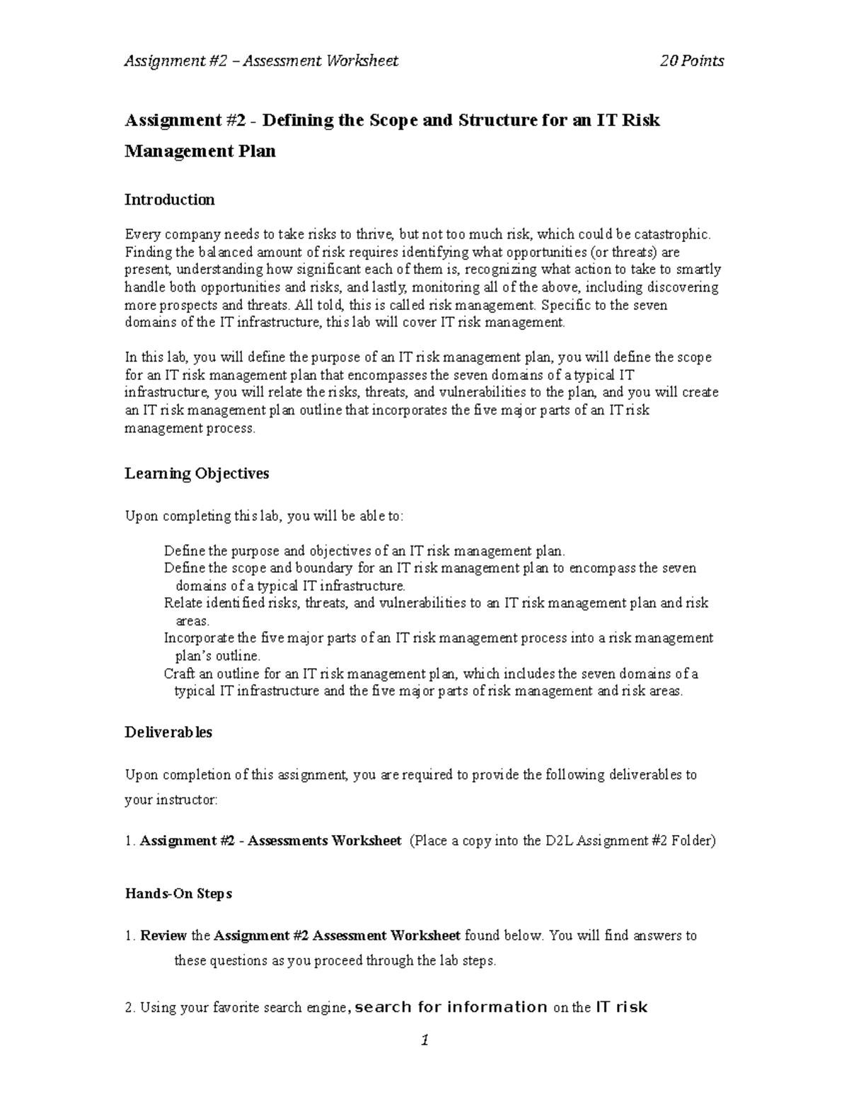Assignment #2 - Defining Scope & Structure for an IT Risk Management Plan - Assignment #2 ...