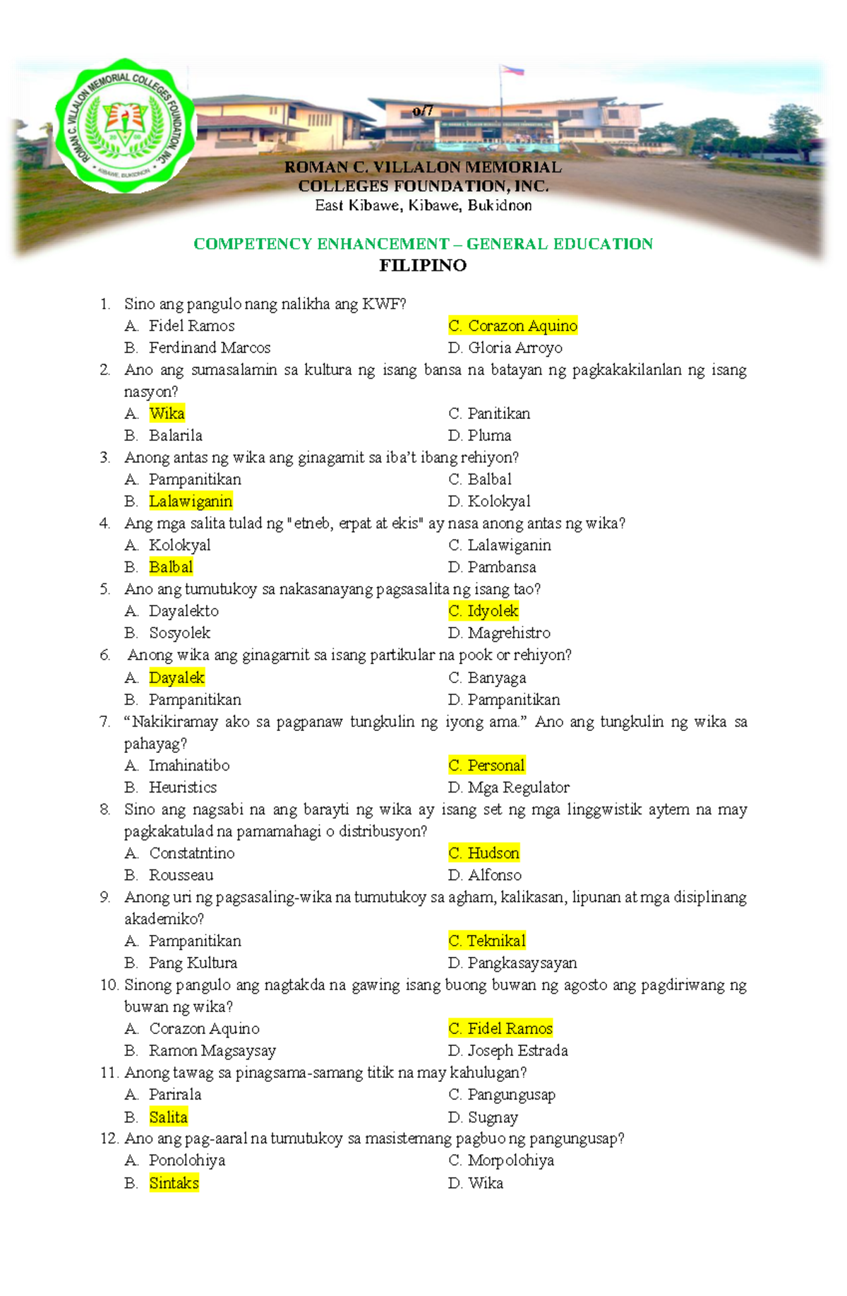 Gen Ed Filipino Final Exam Answer Key and Review Guide - Studocu