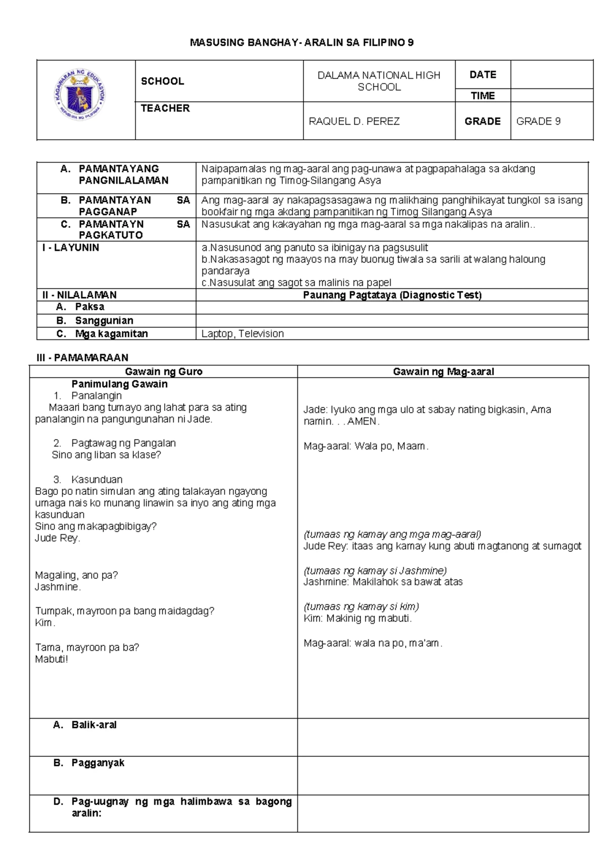 COT1 - Masusing Banghay Aralin sa Filipino 9: Isang Libo't Isang Gabi ...