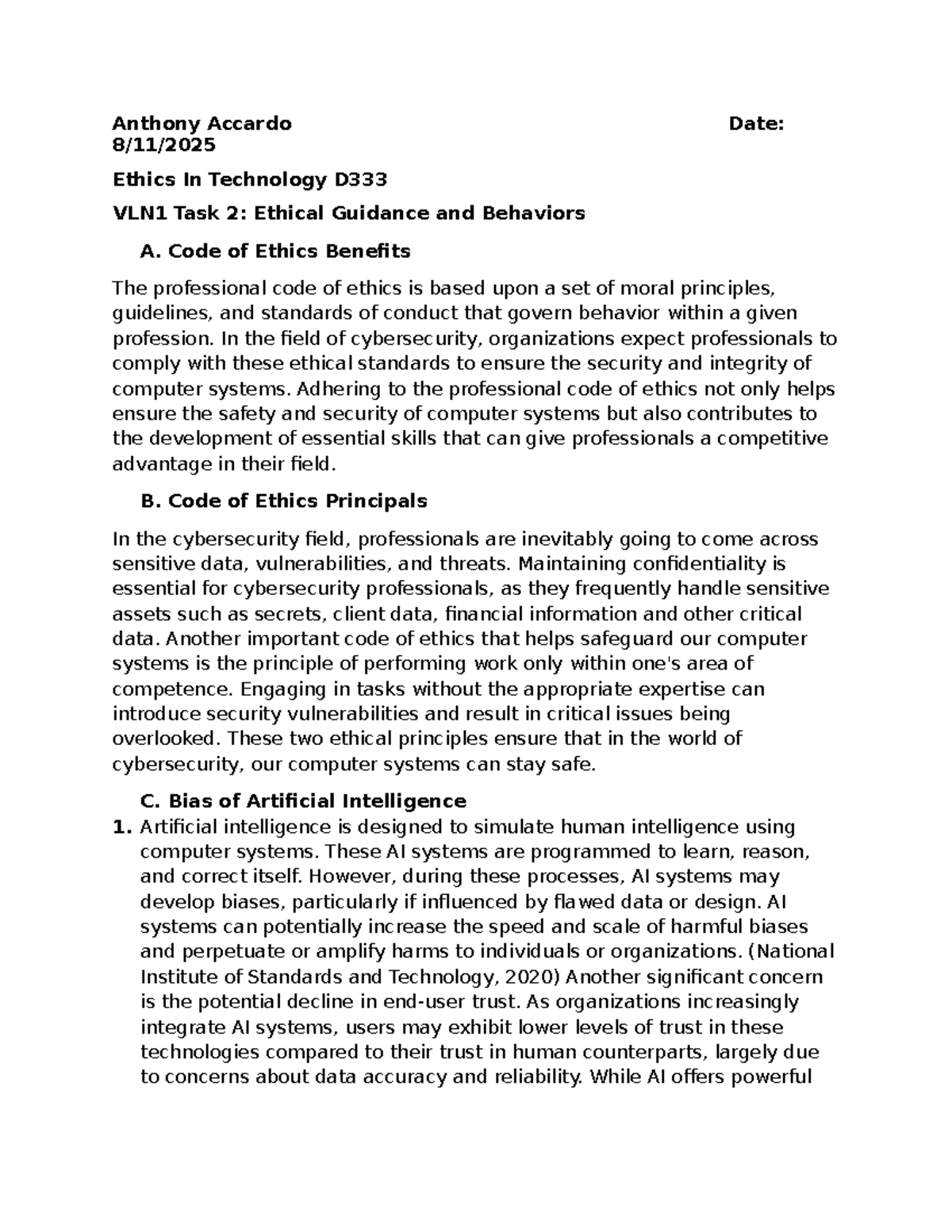 Ethics in Technology VLN1: Task 2 - Ethical Guidance & AI Bias - Studocu