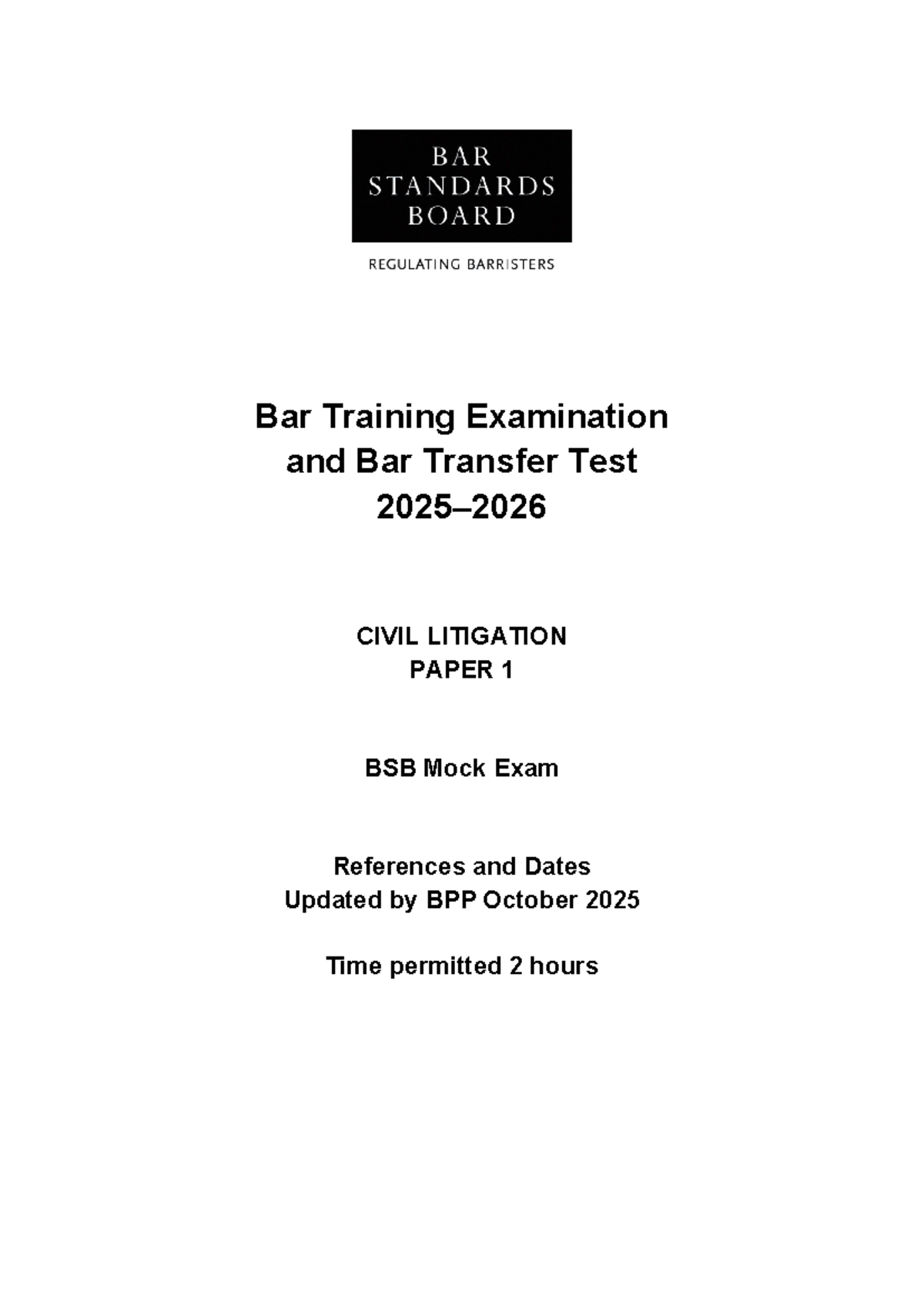 Civil Litigation Paper 1 Mock Exam BPP 2025 - Practice Questions and ...