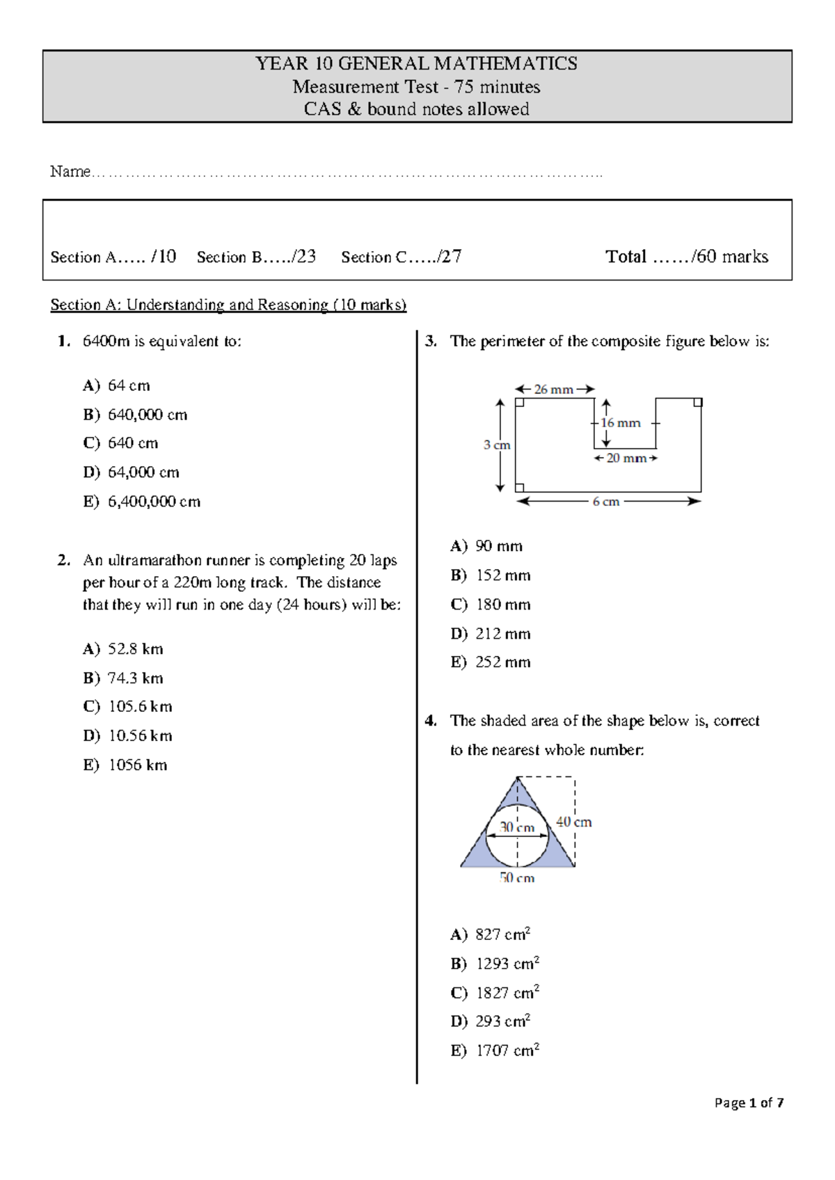 YEAR 10 GENERAL MATHEMATICS Measurement Test Notes and Solutions - Studocu