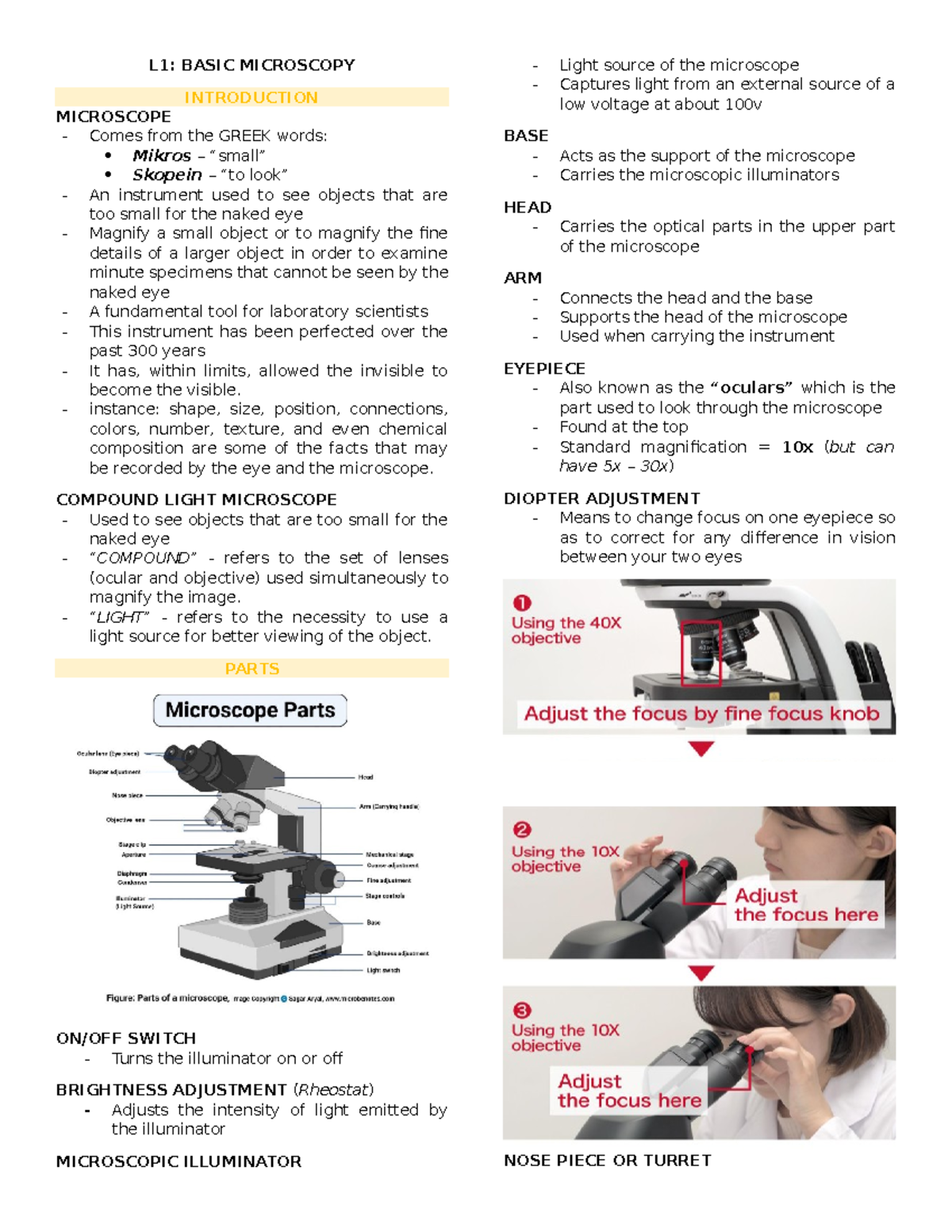 Prelim Histo LAB Notes - L1: BASIC MICROSCOPY INTRODUCTION MICROSCOPE ...