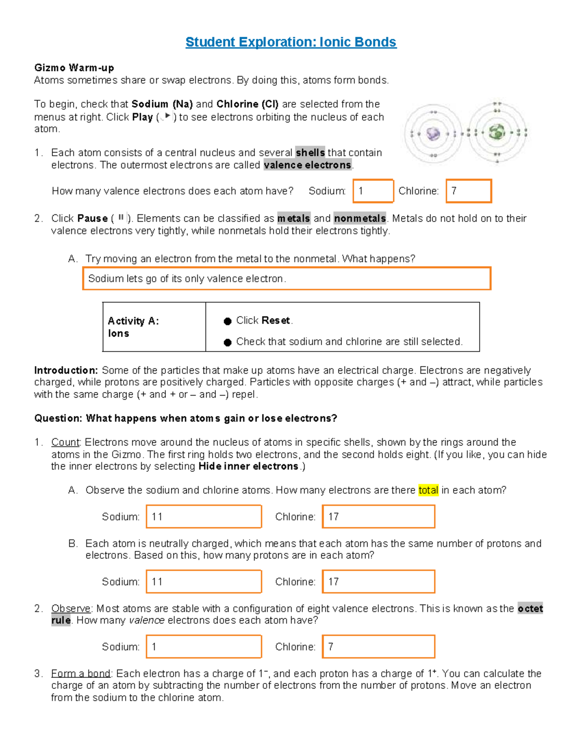 Ionic Bonds Exploration: Gizmo Activity on Na & Cl - Studocu
