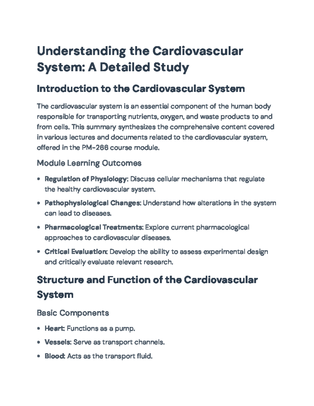 Cardiovascular System Overview: Key Concepts for PM-266 Final Exam - Studocu