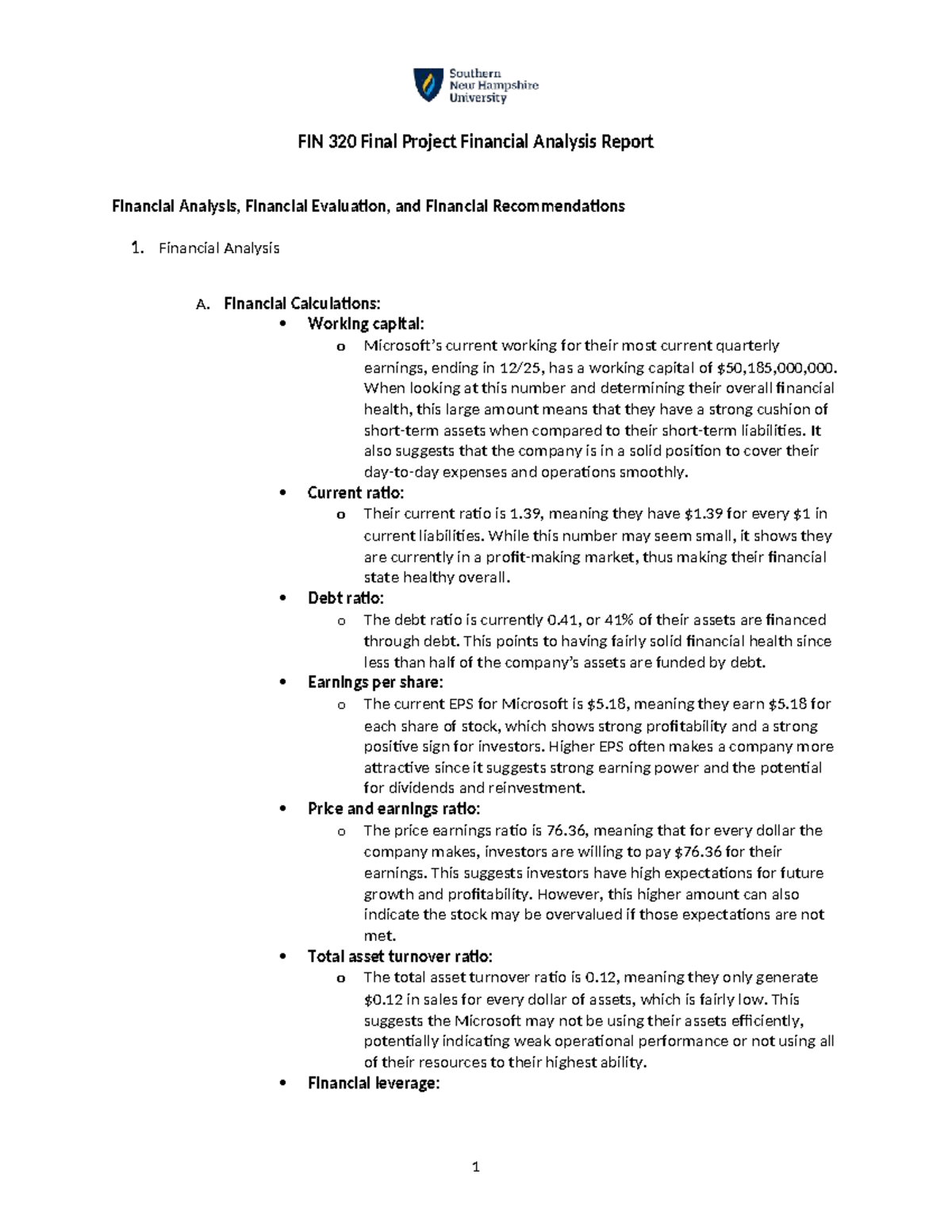 FIN 320 Final Project: Comprehensive Financial Analysis ...