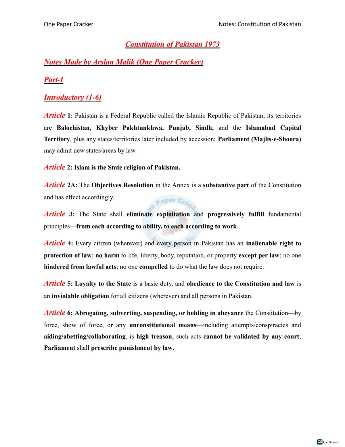 One Paper Cracker Notes: Constitution of Pakistan 1973 Overview - Studocu