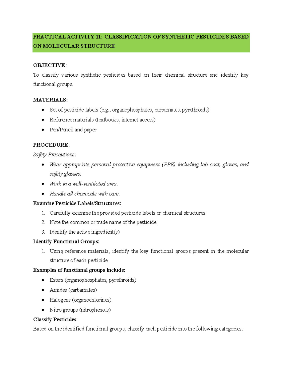 Practical activity 11: Classification of synthetic pesticides by ...
