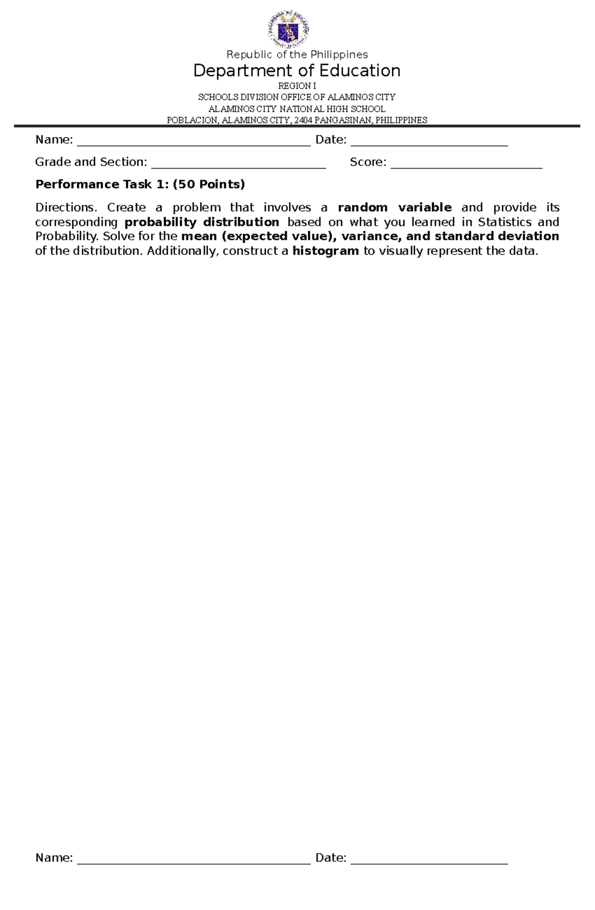 Performance Task 1 & 2 - STEM (Statistics & Probability) - Studocu