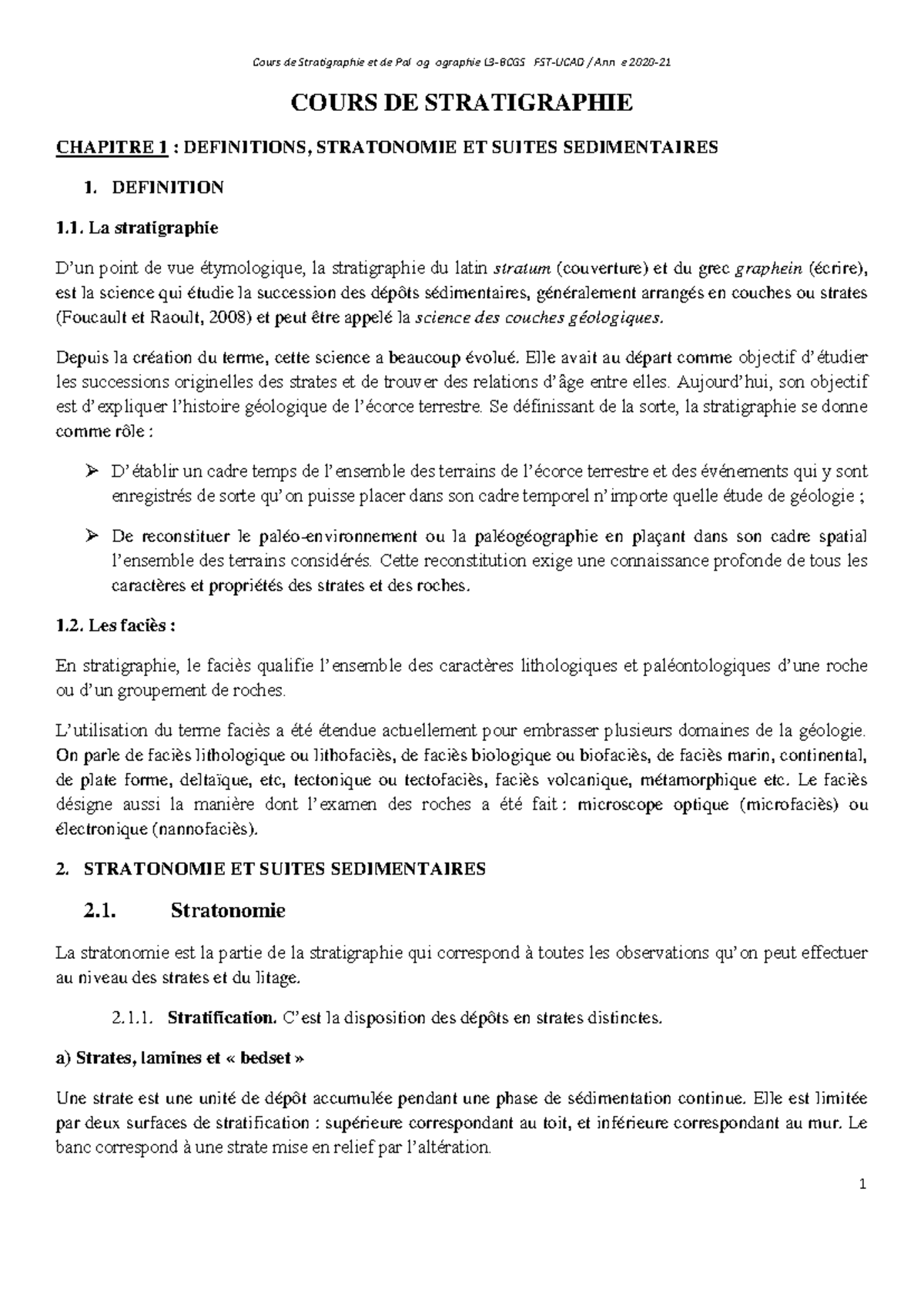 Cours de Stratigraphie et Paléogéographie L3-BCGS - Chapitre 1 ...