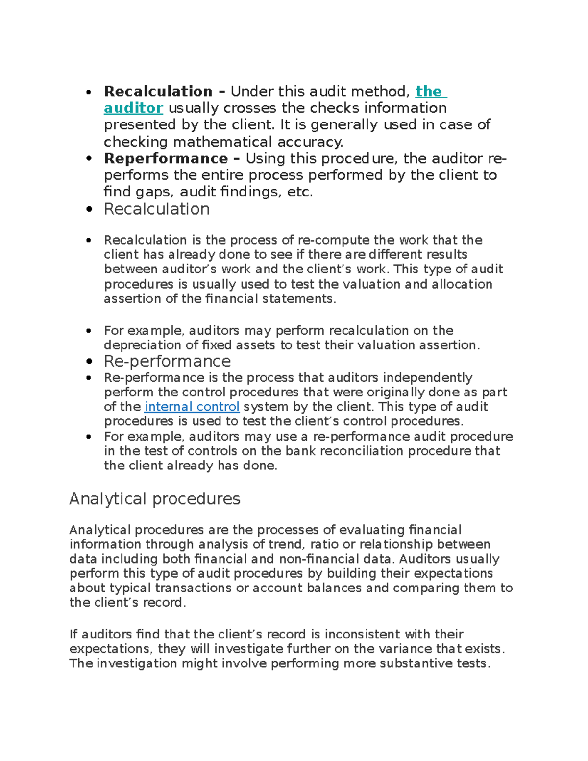 Audit Procedures: Recalculation, Reperformance, and Analysis - Studocu