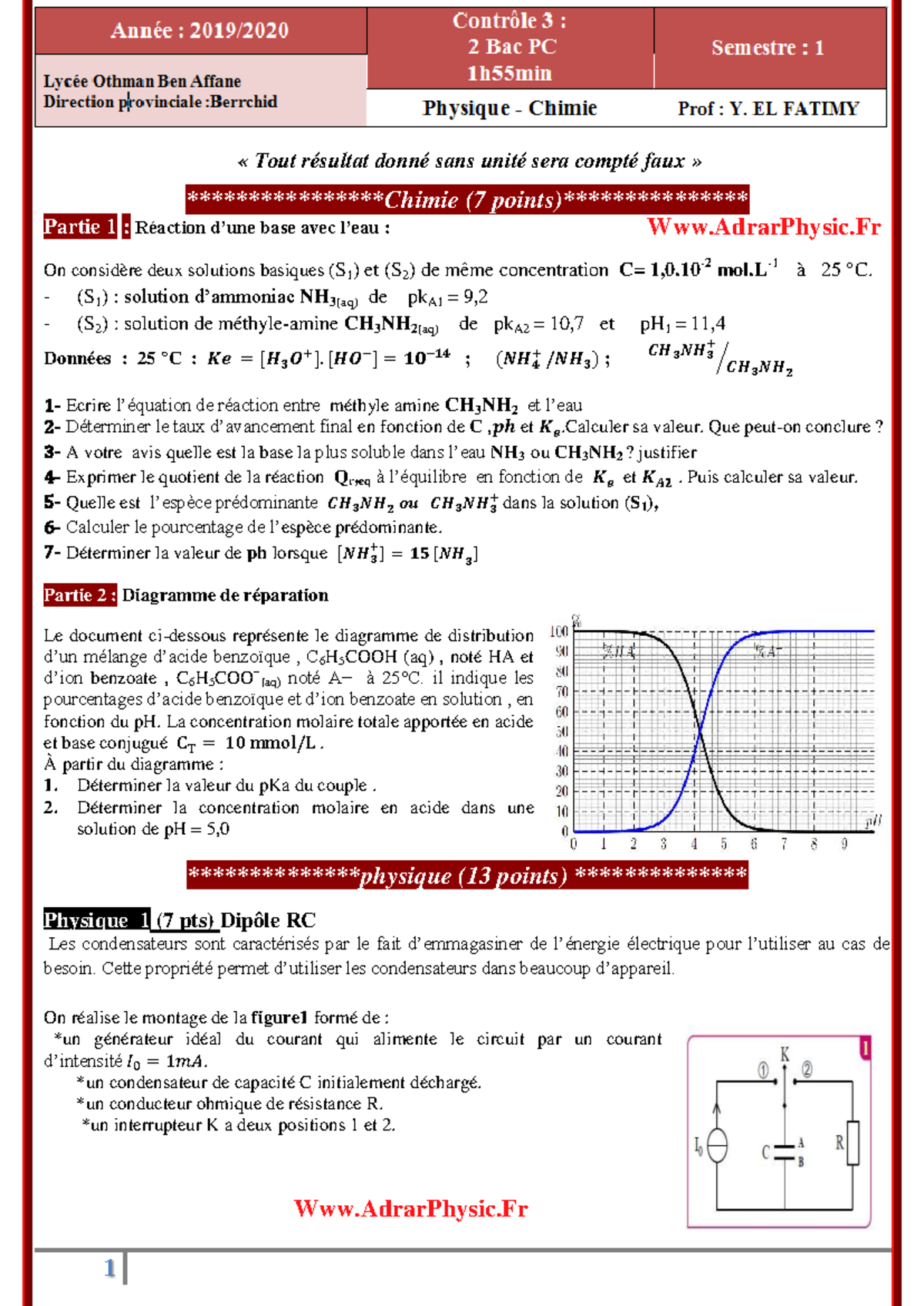 Contrôle 3 : Réactions Acido-Basiques et Diagrammes de Distribution (S1 ...