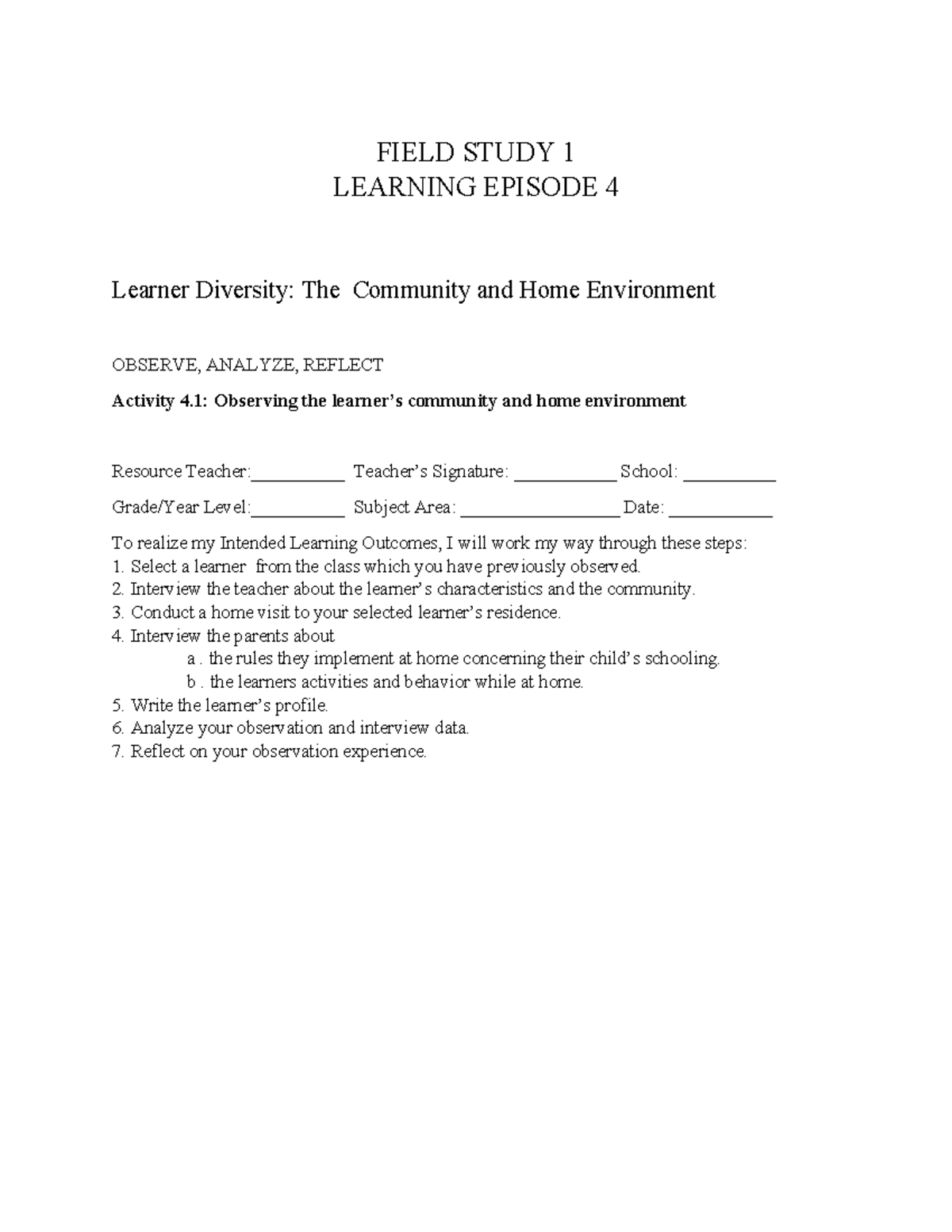 FS Learning Episode 4 - Field Study - FIELD STUDY 1 LEARNING EPISODE 4 ...
