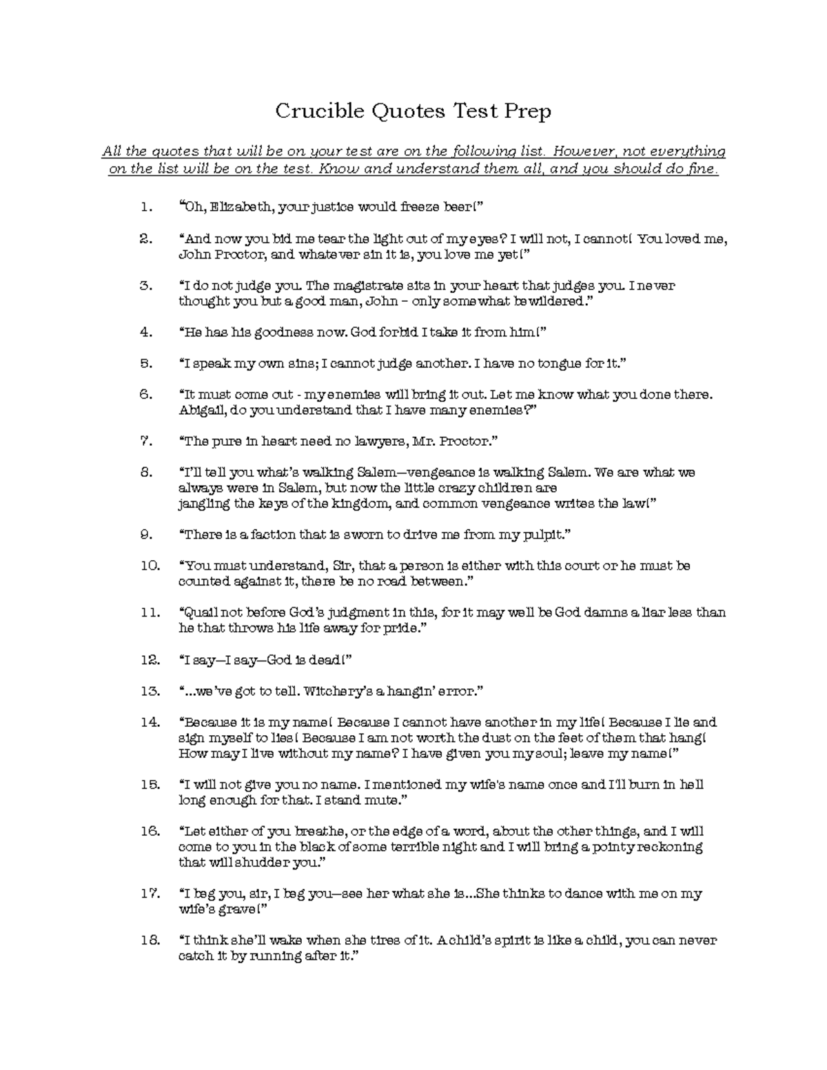 Crucible Quotes Test Prep: Key Lines for Lit Course - Studocu
