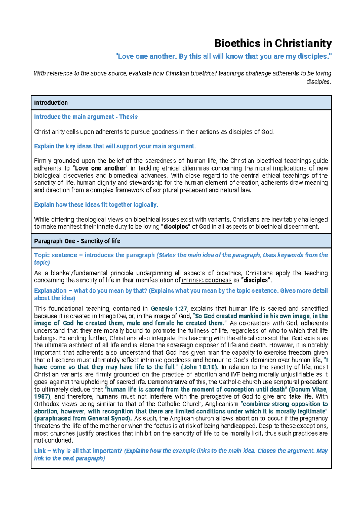 Bioethics - TEEL Essay on Christian Teachings and Discipleship - Studocu