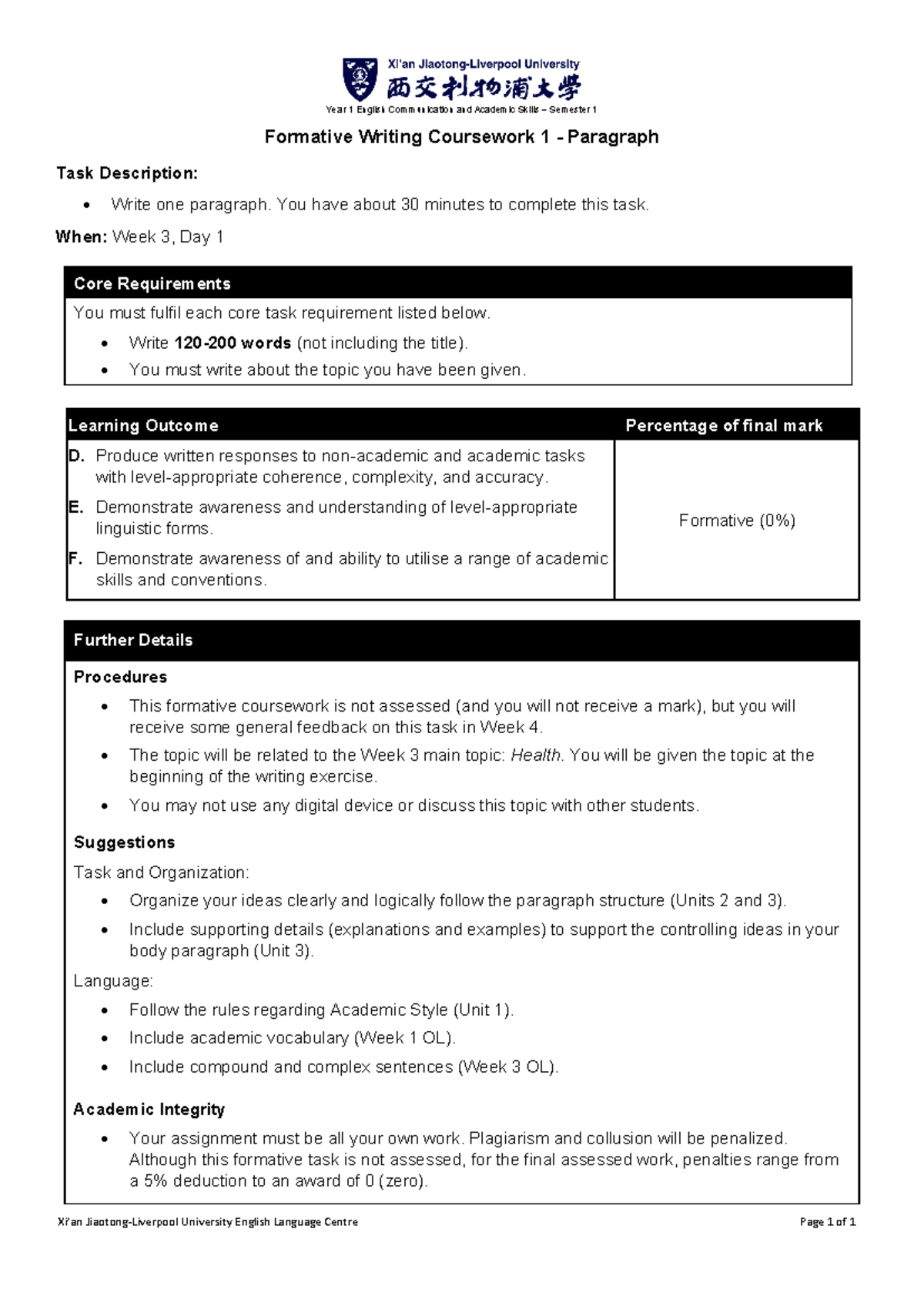 Formative 1 Task Sheet - 111 - Year 1 English Communication and ...