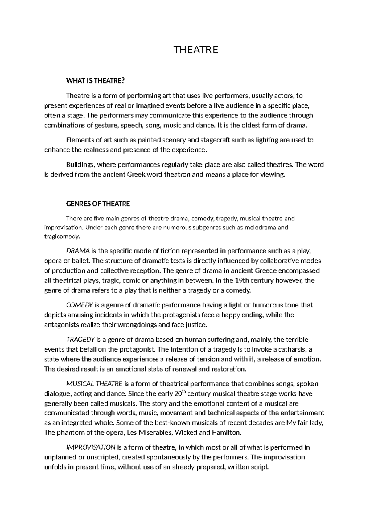 THEATRE 101: An Overview of Theatre Genres and History - Studocu