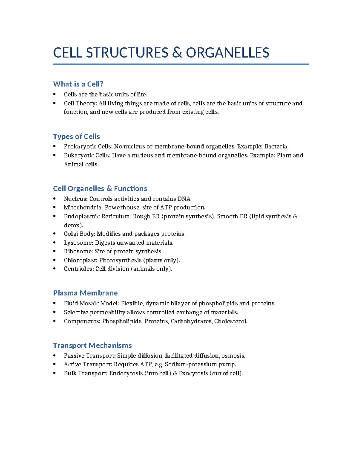 CELL STRUCTURES & ORGANELLES: A Comprehensive Overview - Studocu