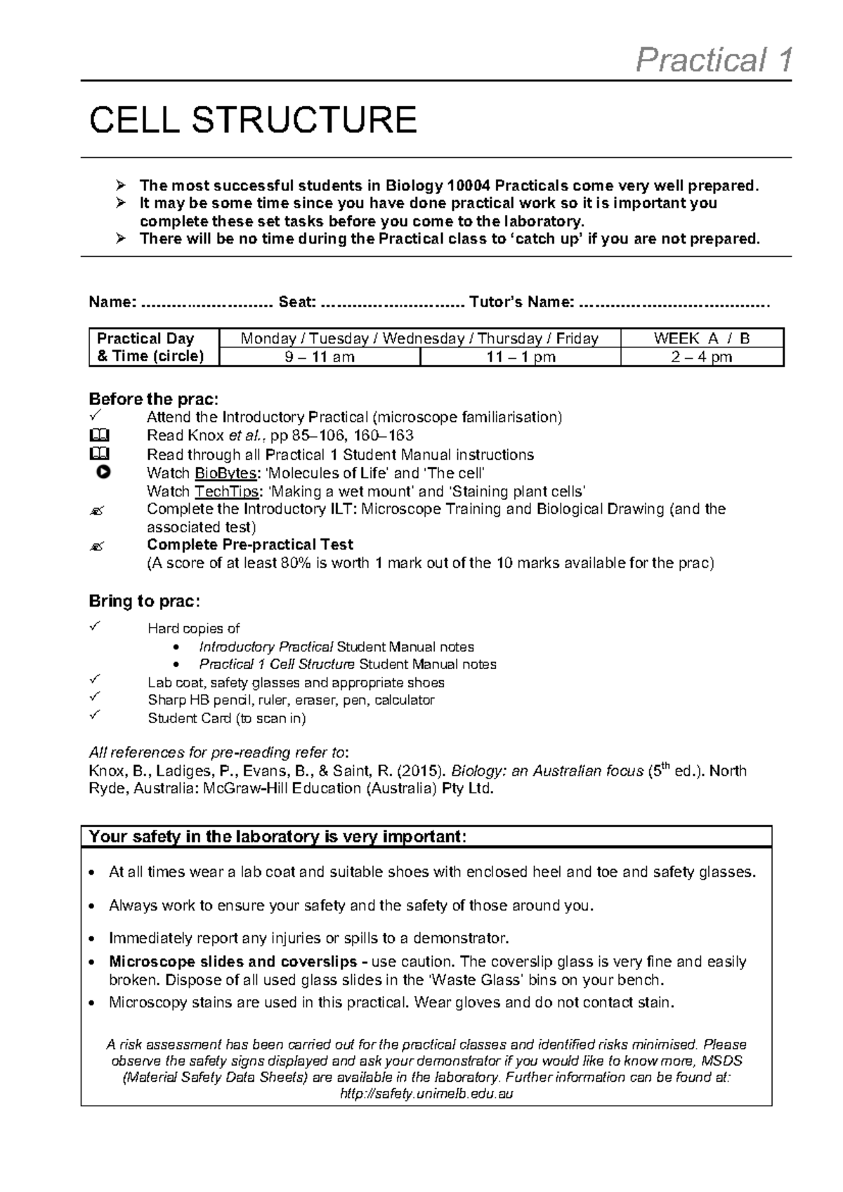 Practical 1: Cell Structure Study Guide for BIOL10004 - Studocu