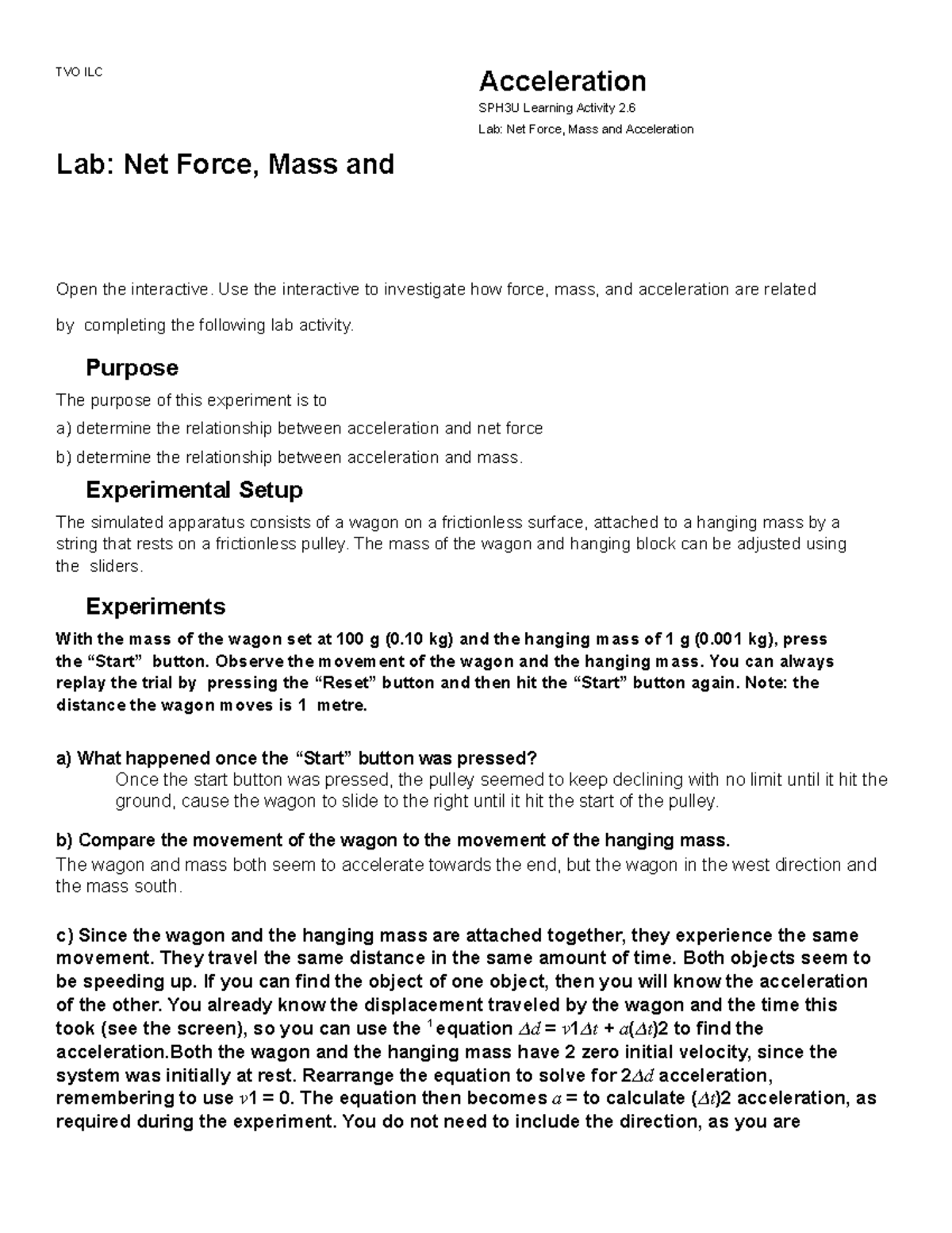Lab SPH3U: Net Force, Mass & Acceleration Experiment Details - Studocu