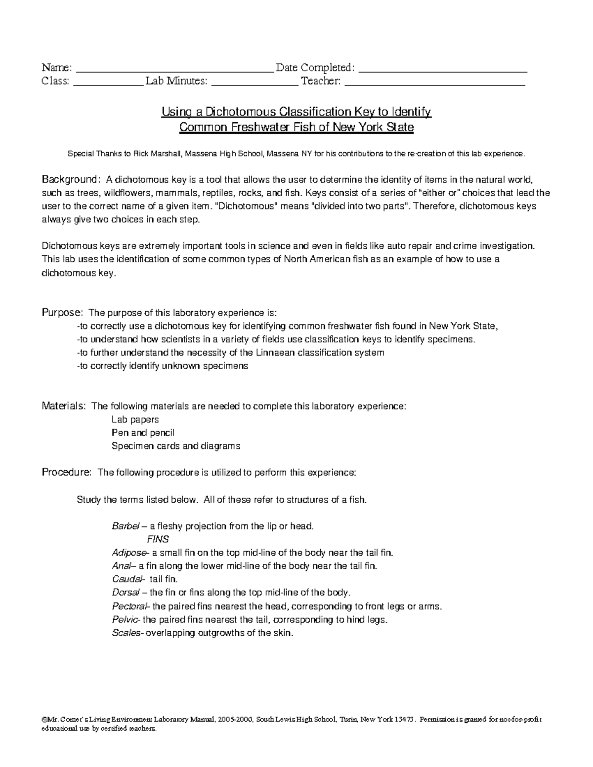 Identifying Freshwater Fish of NY Using a Dichotomous Key: Lab Guide ...