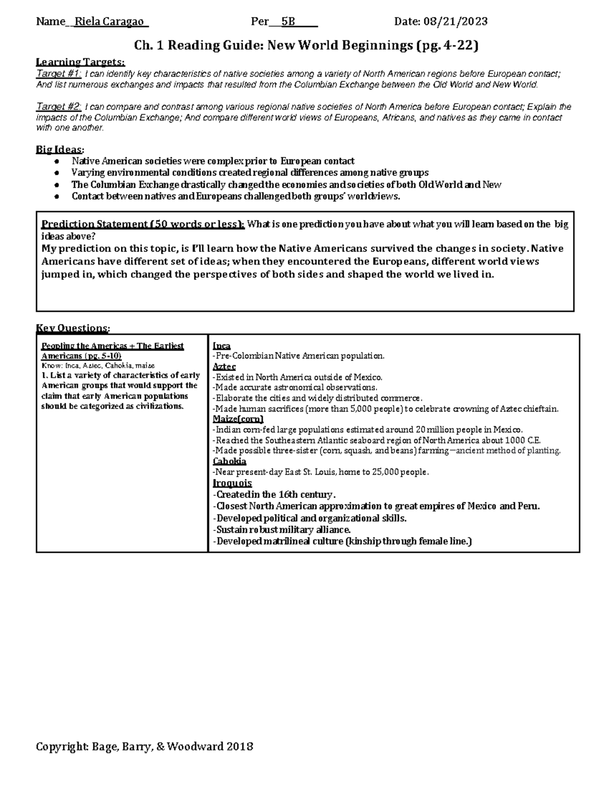 Ch. 1 Reading Guide: Key Insights on New World Beginnings (pg. 4-22 ...