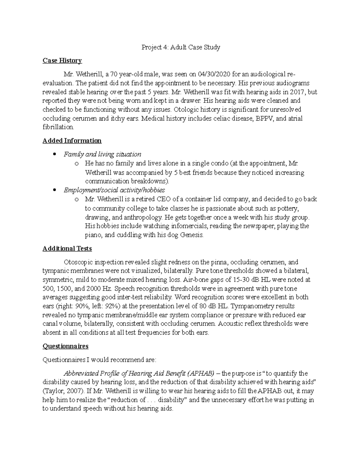 Project 4 Adult Case Study - Project 4: Adult Case Study Case History ...