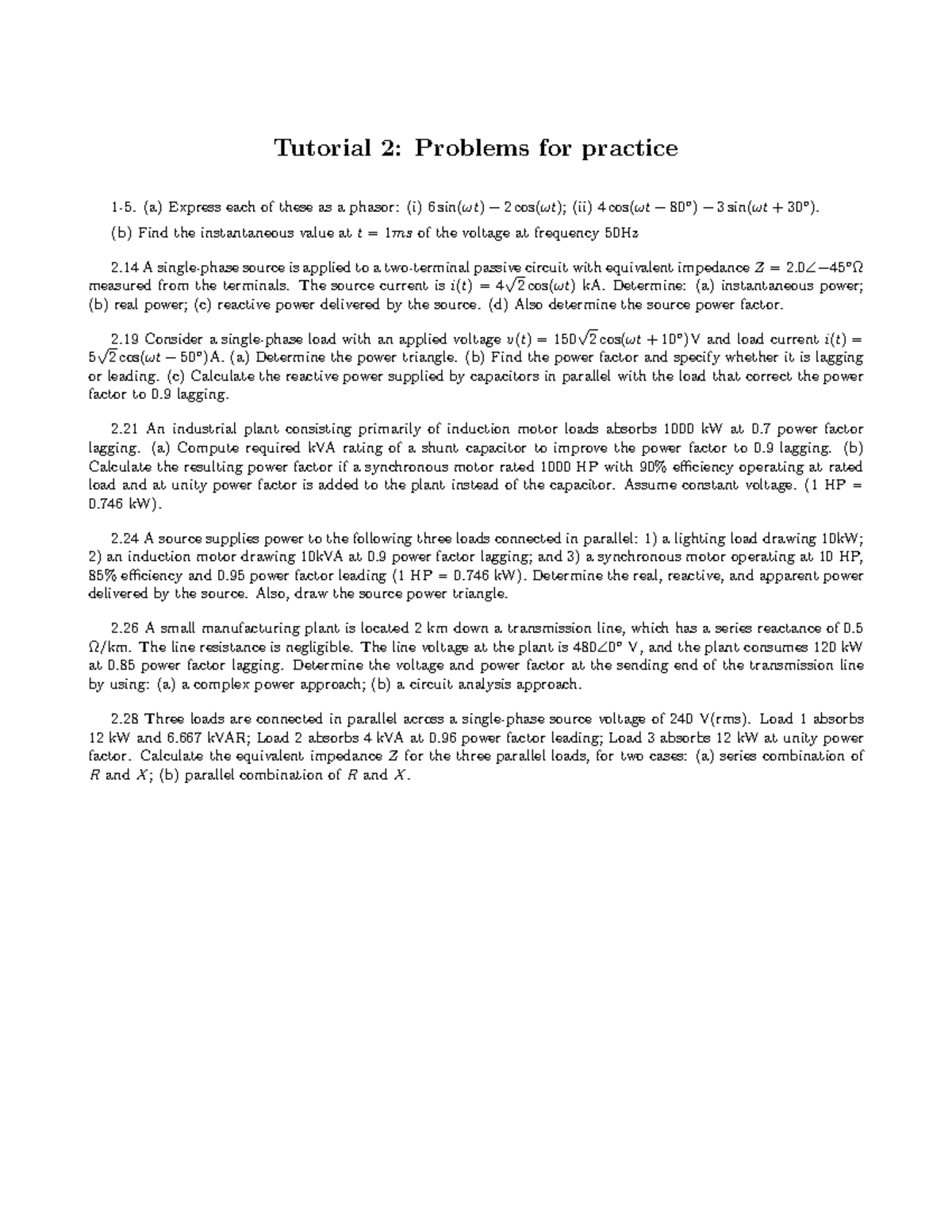 Tutorial 2: Phasor & Power Analysis Practice Problems - Studocu