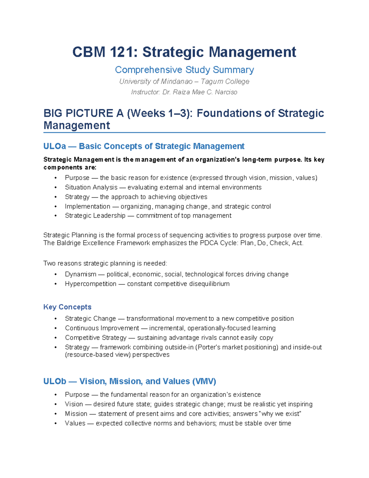 CBM 121: Strategic Management Comprehensive Study Guide - Studocu