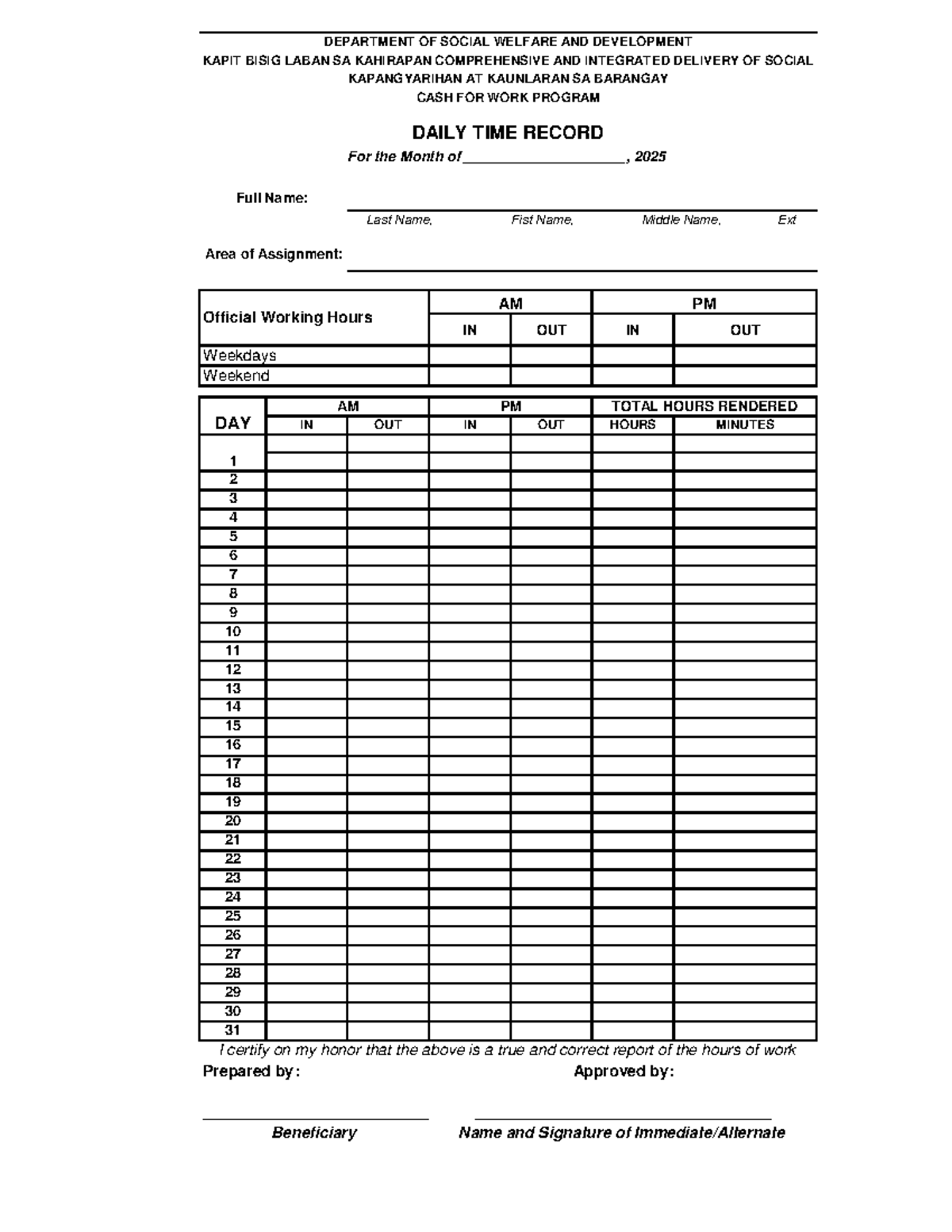 DTR for Cash for Work Program - Annex D 2025 - Studocu