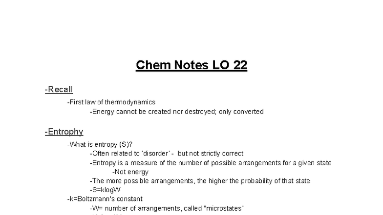 Chem Notes on Thermodynamics & Entropy (LO 22) - Studocu