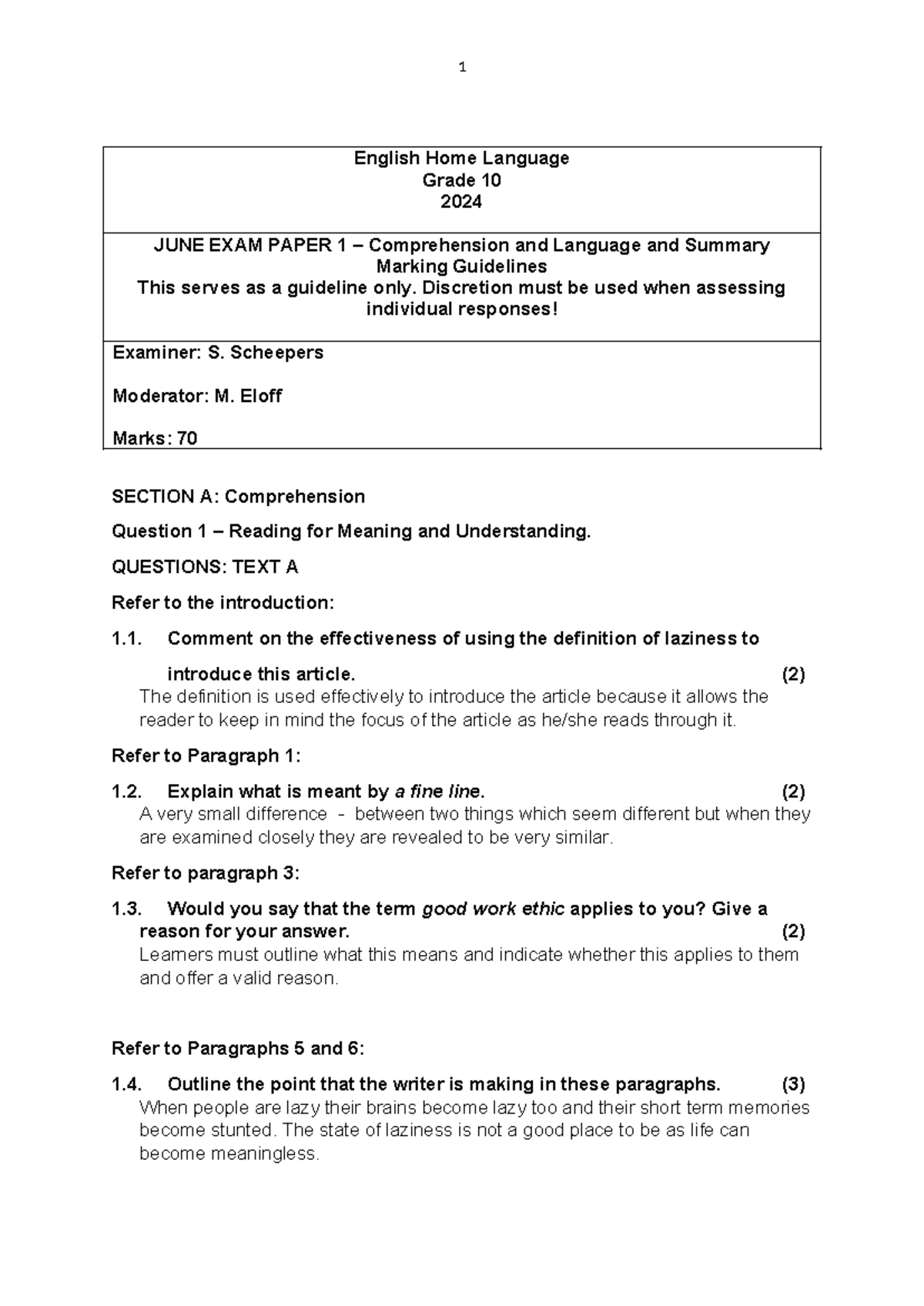 Grade 10 English Home Language 2024 June Exam Paper 1 Memo - Studocu