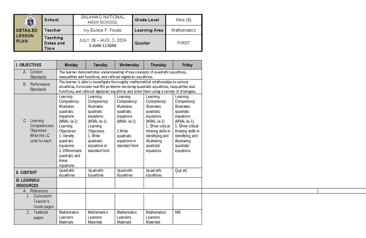 DLL MATH9 W1 - Detailed Lesson Plan on Quadratic Equations - Studocu