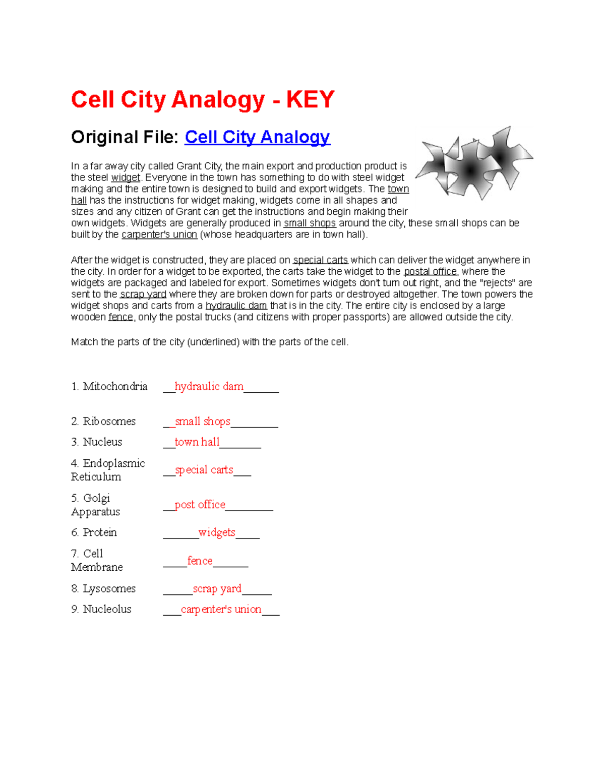 Cell City Analogy Key - Understanding Cell Functions Through Metaphor ...