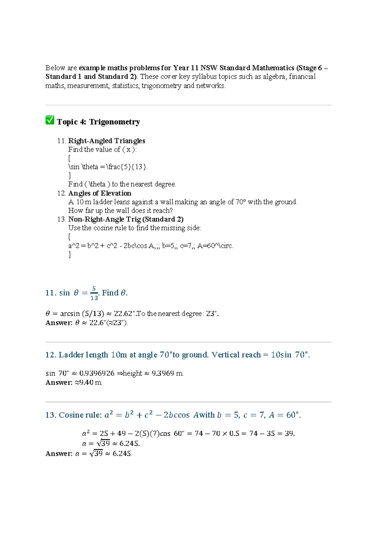 Year 11 NSW Standard Maths Practice: Trigonometry Problems - Studocu