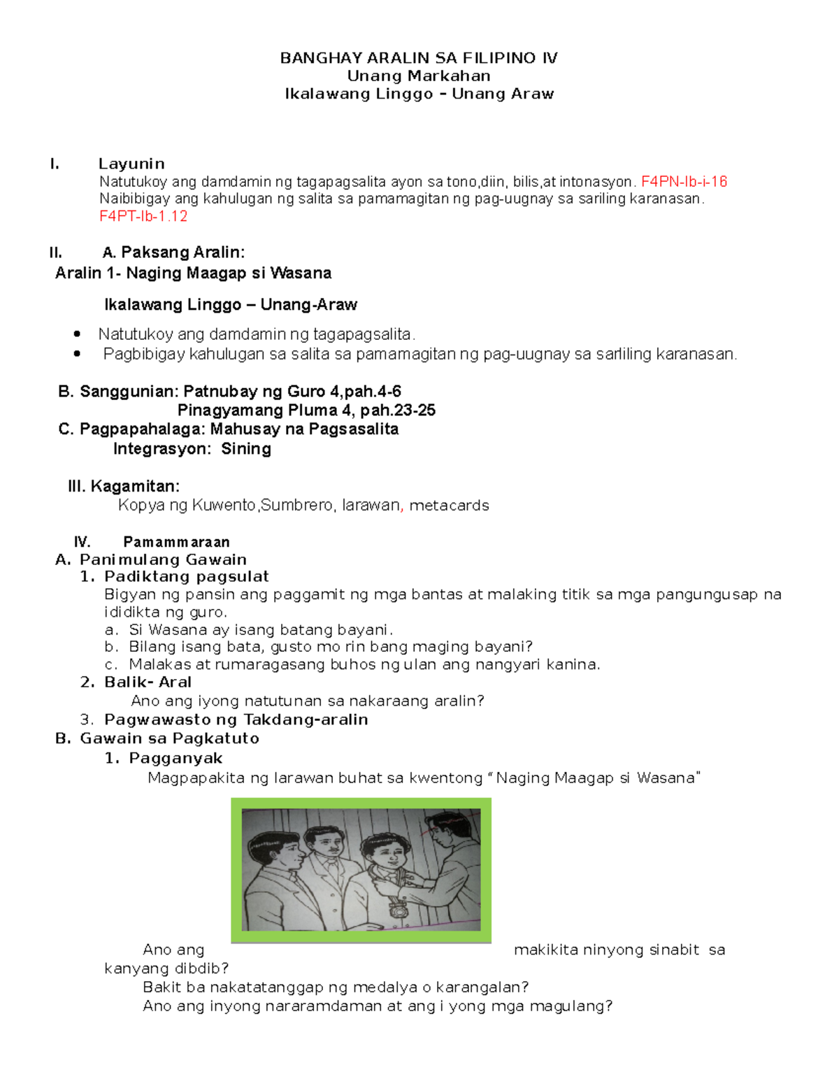 Banghay Aralin sa Filipino IV: Ikalawang Linggo at Unang Araw - Studocu