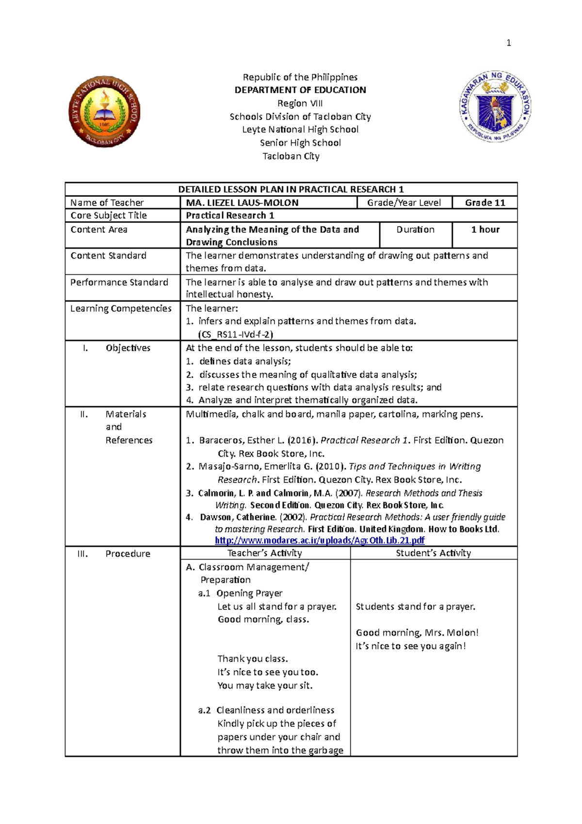 Detailed Lesson Plan for Practical Research 1: Data Analysis - Studocu