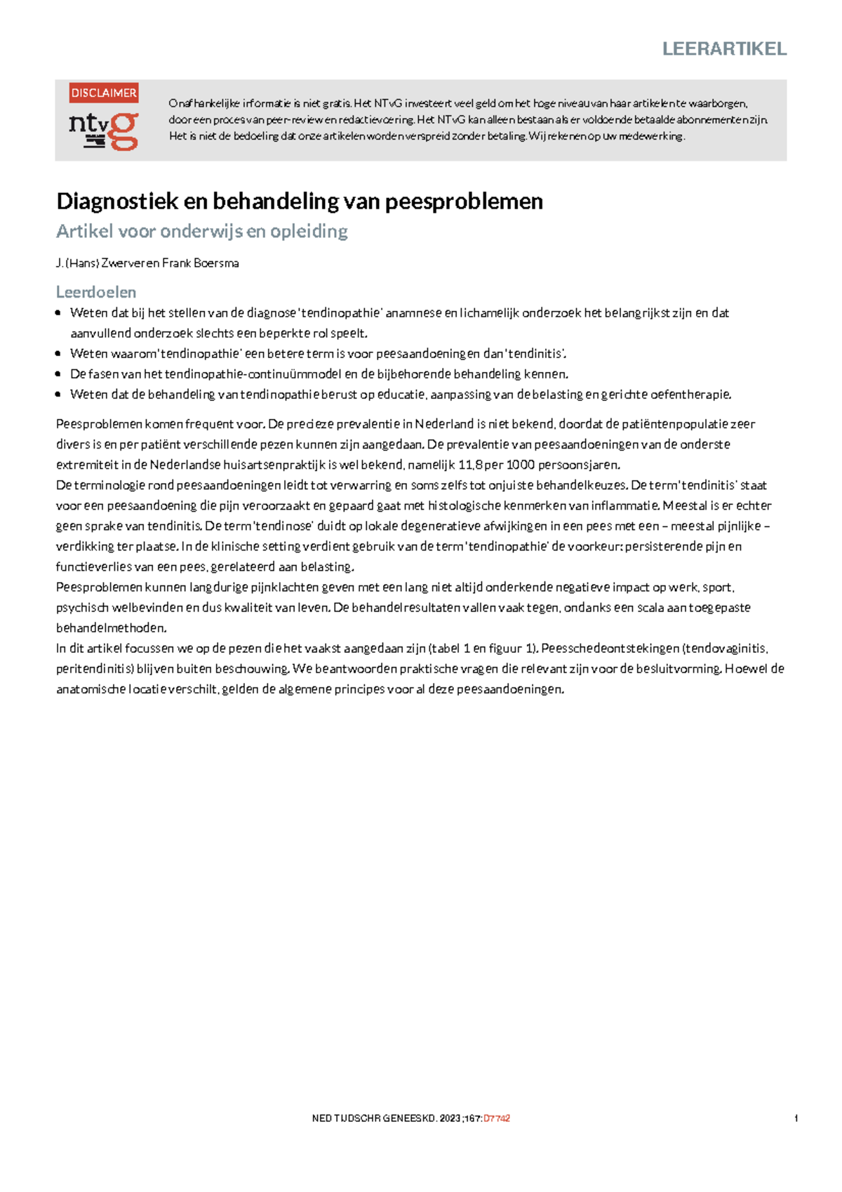 Diagnostiek en Behandeling van Peesproblemen - LEERARTIKEL NED TIJDSCHR ...