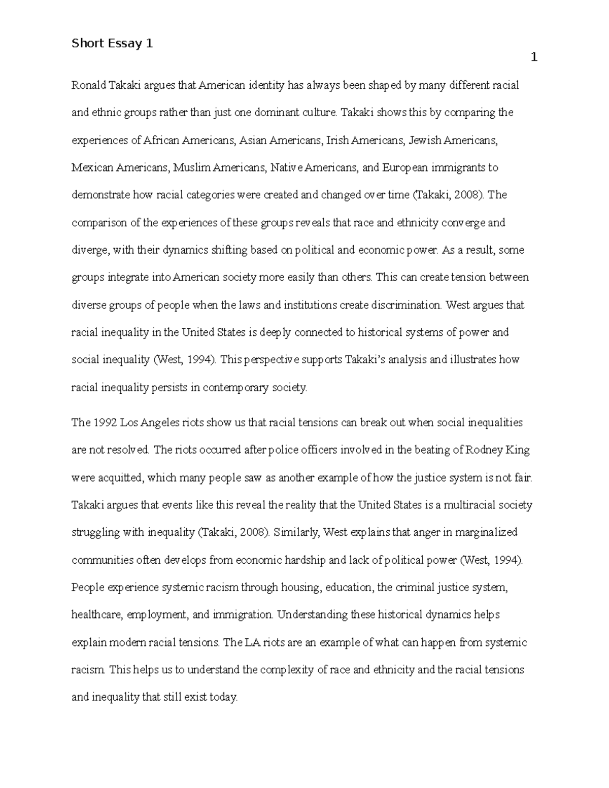 Short Essay 1: Racial Identity & Inequality in America - Studocu