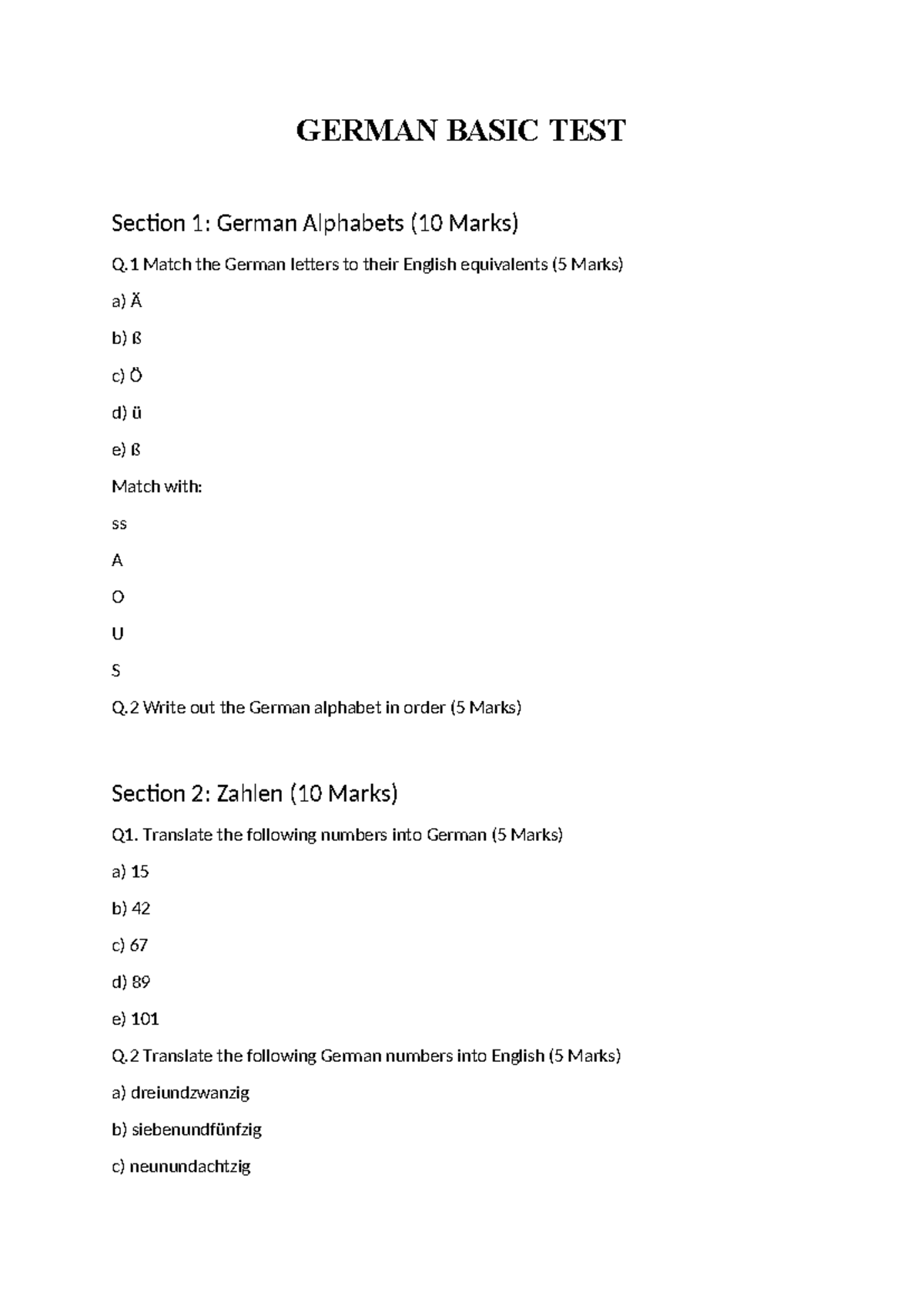 GERM 101: Basic German Test - Alphabet, Numbers, Greetings & Verbs ...