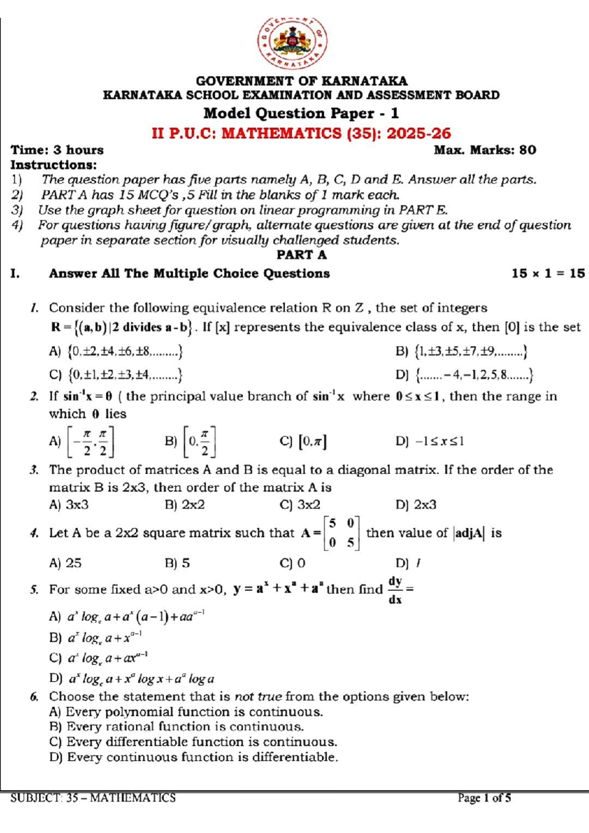 Maths Model Question Paper 1 II P.U.C: Mathematics (35 Marks) - Studocu