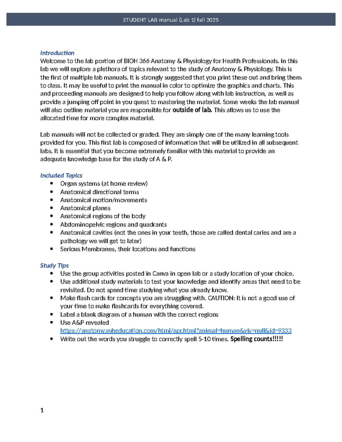 BIOH 366 Lab Manual (Lab 1) - Anatomy & Physiology Overview (Fall 2025 ...