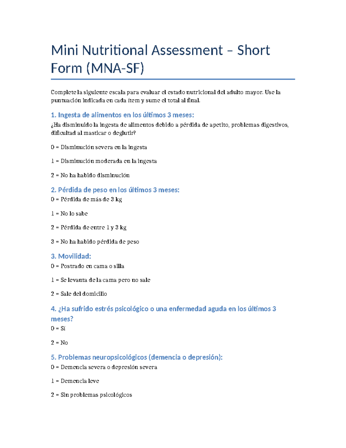 Escala MNA SF-1 - Resumen - Mini Nutritional Assessment – Short Form ...