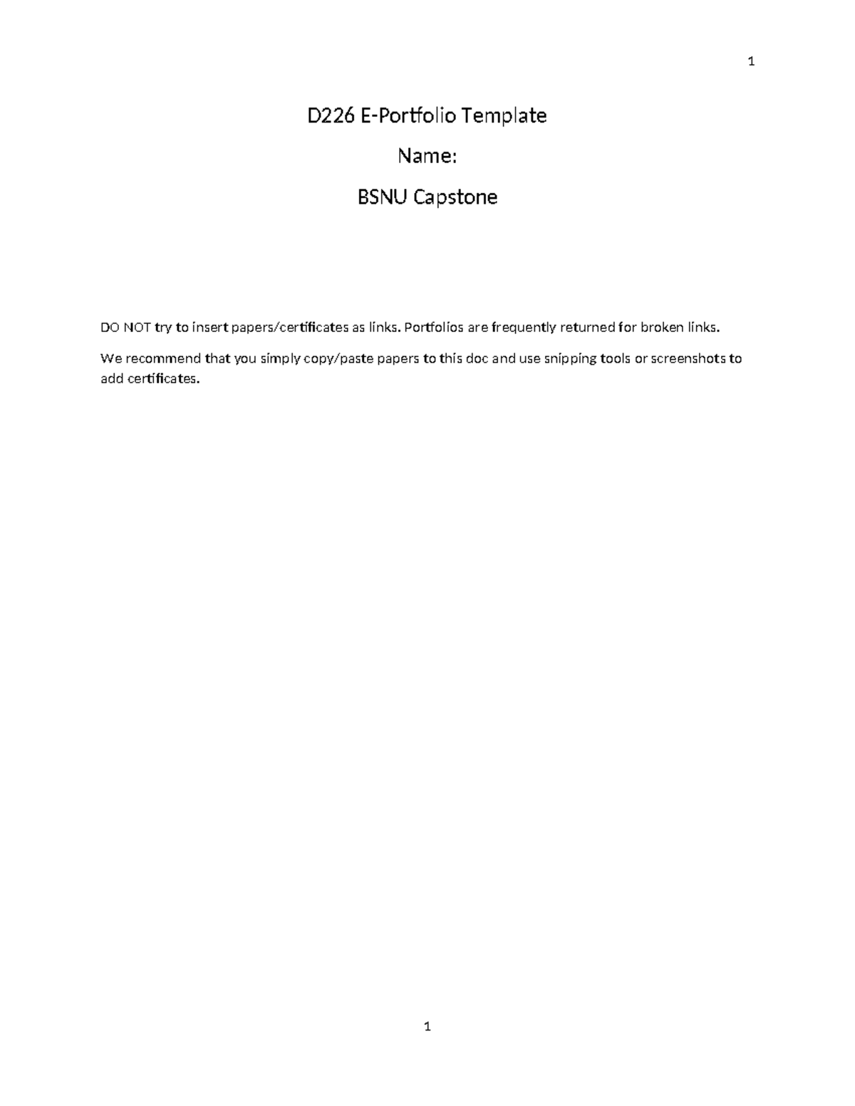 D226 E-Portfolio Template for BSNU Capstone Project - Studocu
