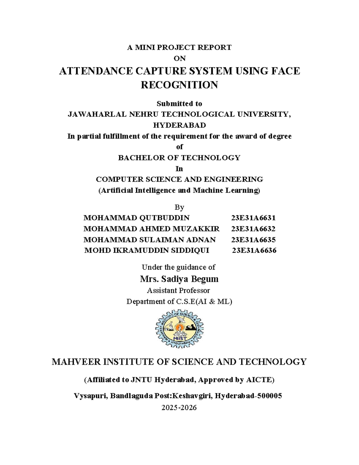 Mini Project Report: Attendance Capture System Using Face Recognition ...